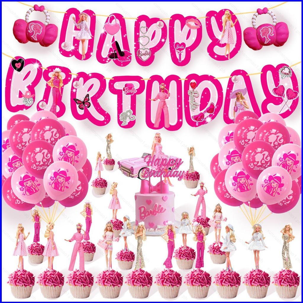 Barbie theme kids birthday party decorations banner cake topper ...