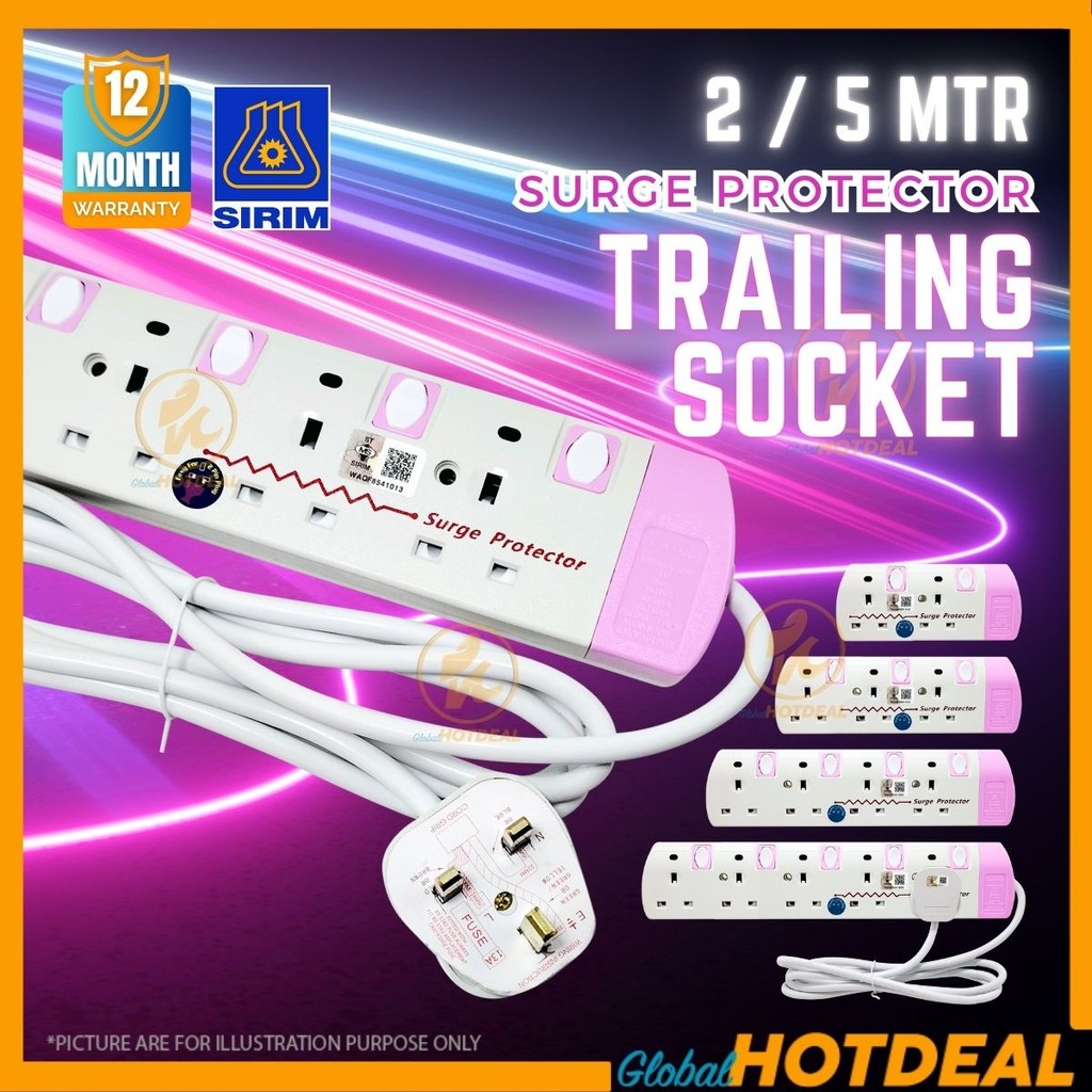 SIRIM 2/5MTR SAYANG PINK Trailing Socket Plug Penyambung Wayar Surge ...