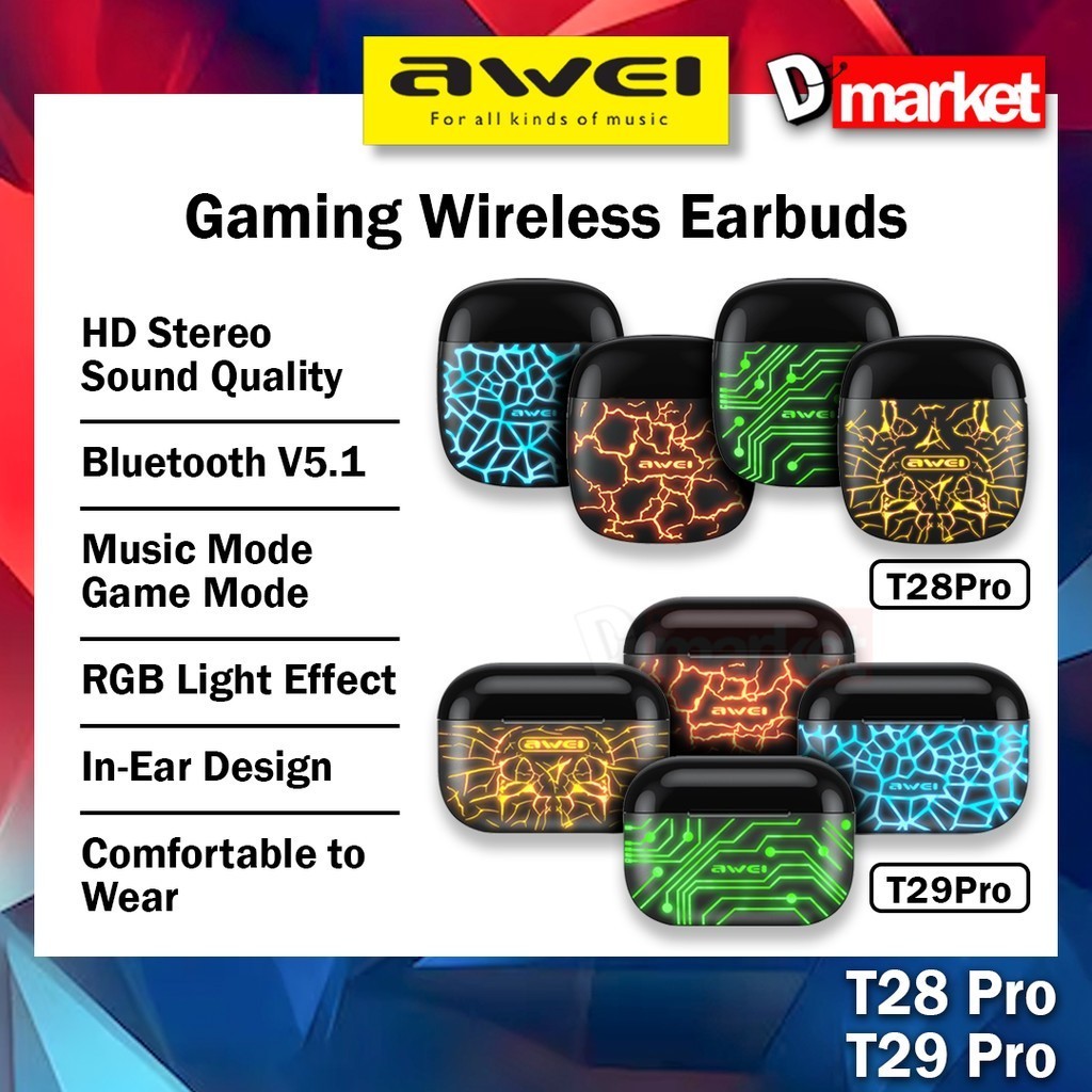 Awei T28 Pro Gaming Wireless Earbuds RGB Gaming Headphone Awei T29 Pro ...