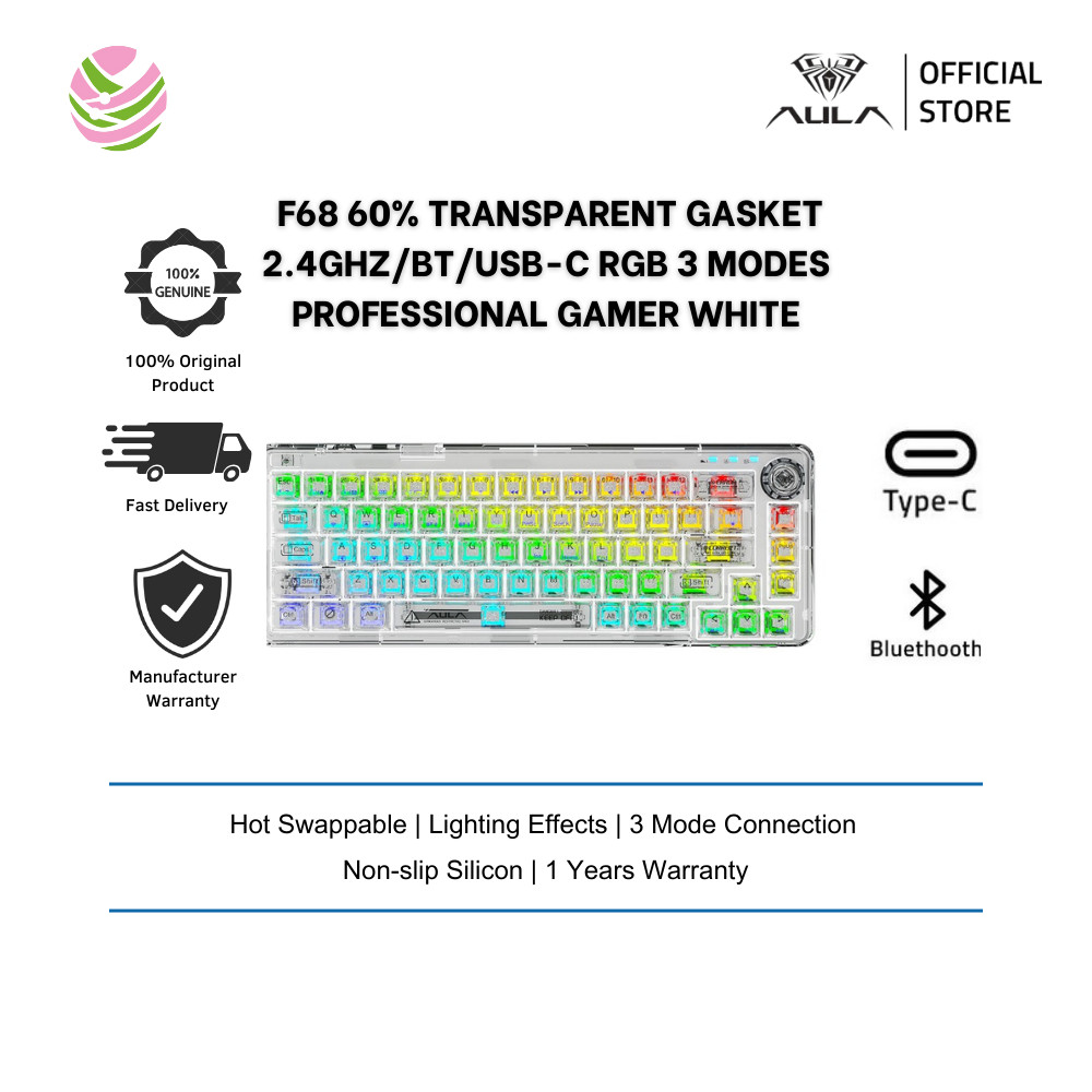 AULA F68 60% transparent Gasket 2.4Ghz/BT/USB-C RGB 3 Modes Professional Gamer 68 Keys Wireless ...