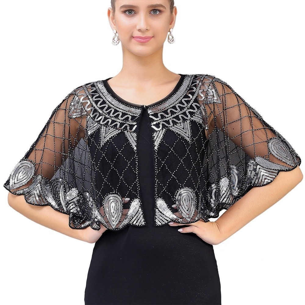 Women's 1920s Shawl Beaded Sequin Deco Evening Cape Bolero Flapper ...