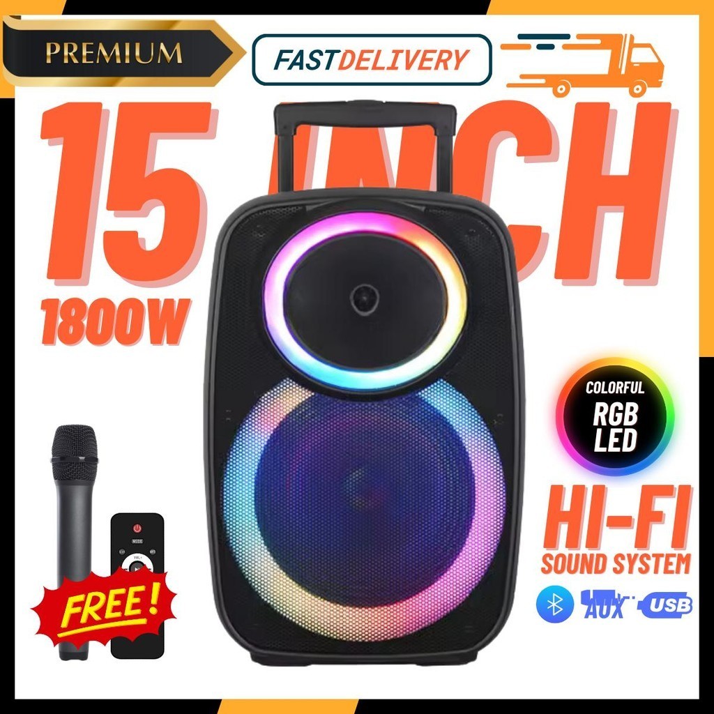 Wireless Bluetooth Karaoke Speaker 15 inches 1800W outdoor trolley portable bass woofer With ...