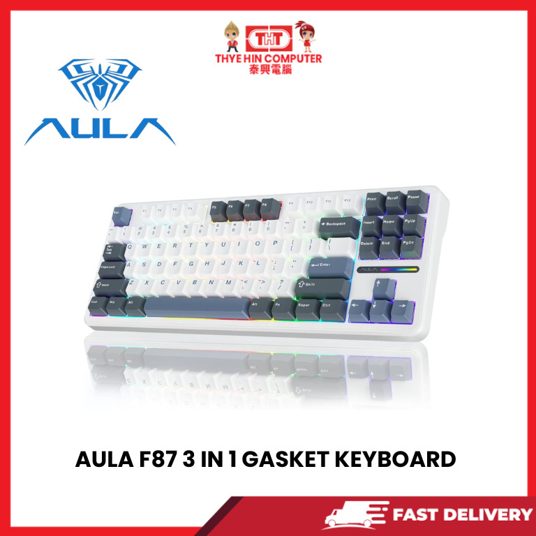 AULA F87 3 IN 1 GASKET KEYBOARD TYPE C WIRED & 2.4 WIRELESS & BT ...