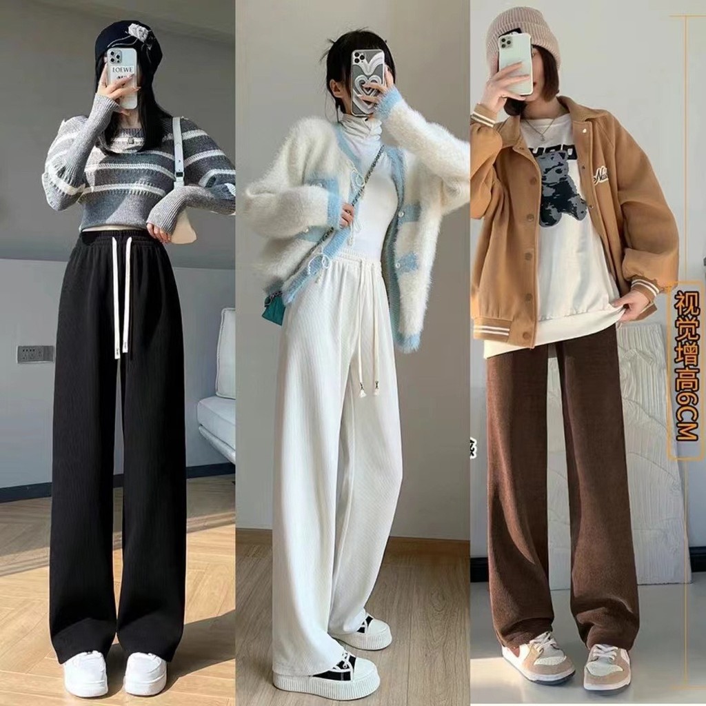High Waist Drape Loose Straight White Cream Slacks Plain Color Wide Leg ...