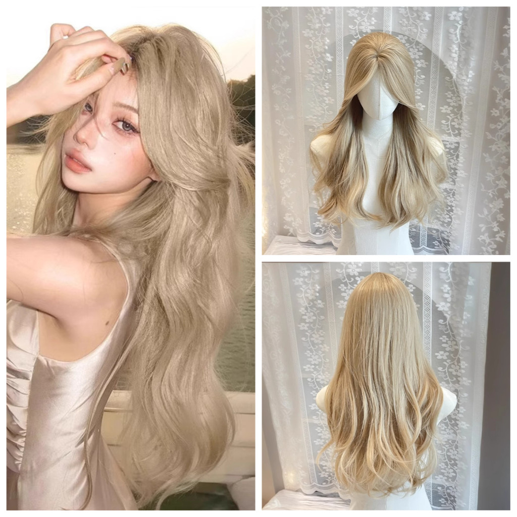 Light Blonde Ladies Parting Long Curl Wig Women's Full Headset ...