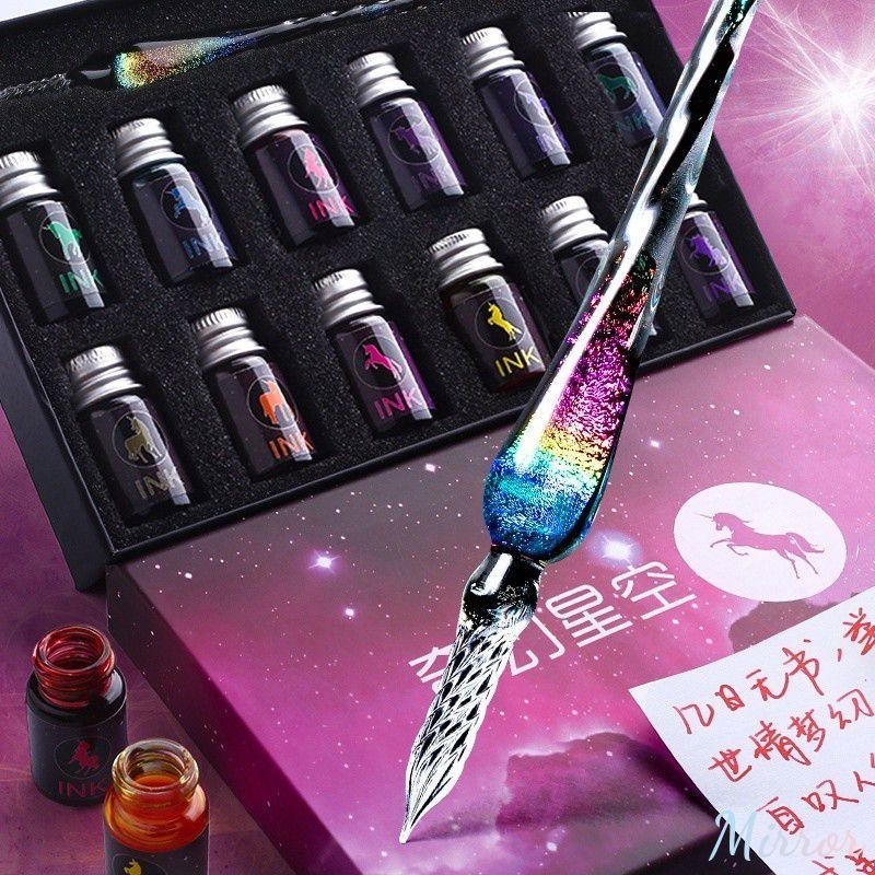 Glitter Glass Dip Pen Set With 12 Ink Gradient Glass Caligraphy Pen Set ...