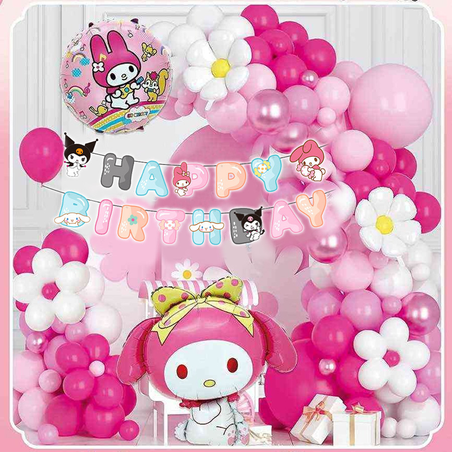 95pcs My Melody Balloon Flag Kit Pink Latex Balloon Theme for Girl Kid ...
