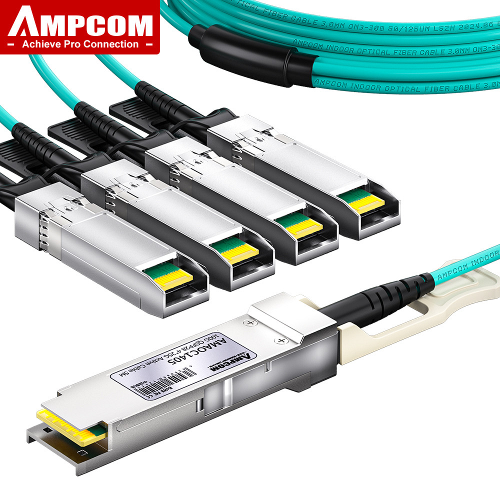 AMPCOM 100G QSFP28 to 4x25G SFP28 Breakout Active Optical Cable, AOC ...