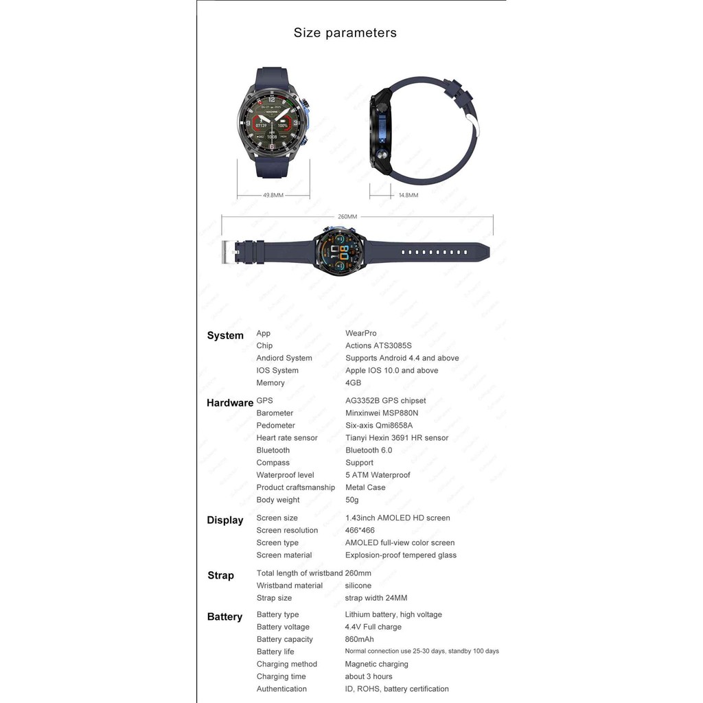 GPS Positioning Smart Watch Swim Six Axis Sensor Corning Gorilla Glass ...