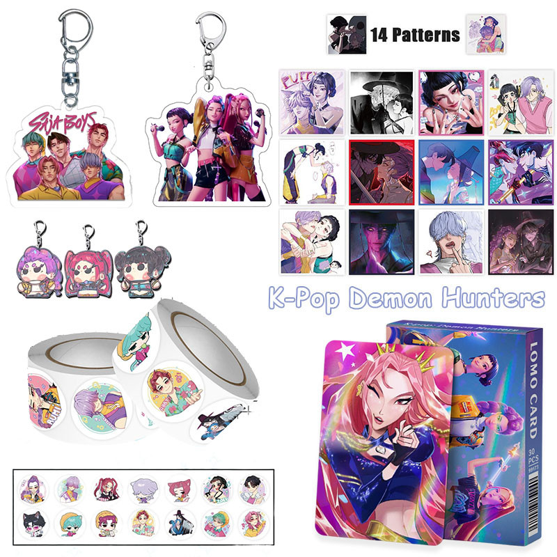 4pcs Saja Boys Kpop Demon Hunters Acrylic Keychain Rumi Jinu Derpy Tiger Lomo Card and Sticker ...