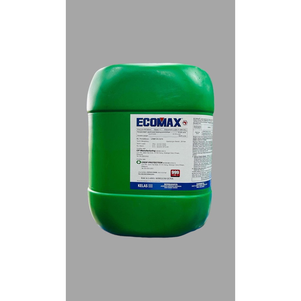 ECOMAX GLYPHOSATE 41% 20L RACUN LALANG, HERBICIDE Active Ingredients ...