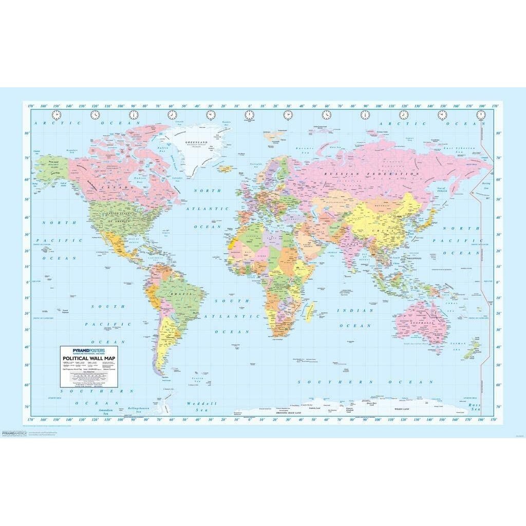 World Map Color Educational Cool Wall Decor Art Print Poster Blue Grid ...