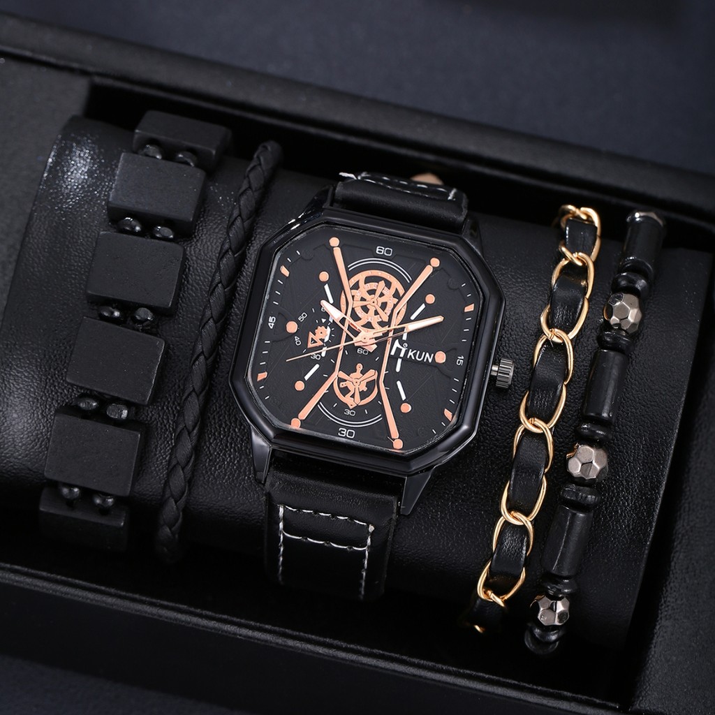 (JJ) 1 Double-Layer Square Shell Men's Sports Belt Quartz Watch+4 ...
