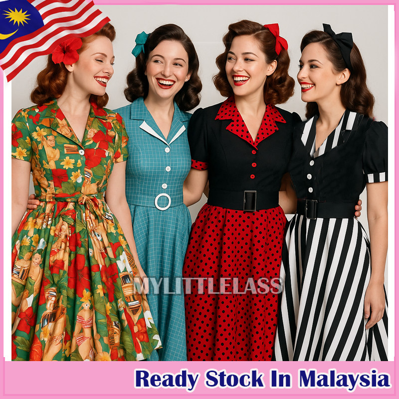 MYLITTLELASS Gaun Midi Wanita Gaya Retro 1920-an Cetakan Vintage & Ikat ...