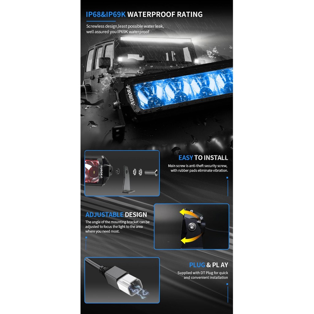 Aurora patented screwless RGB light series double row off-road LED ...