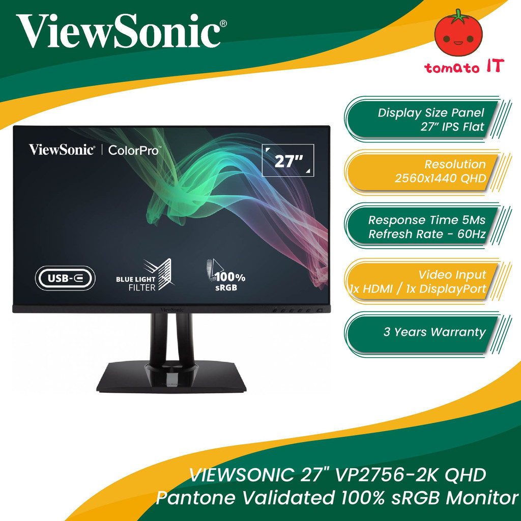VIEWSONIC VP2756-2K 27" 2K QHD Pantone Validated 100% sRGB Monitor ...