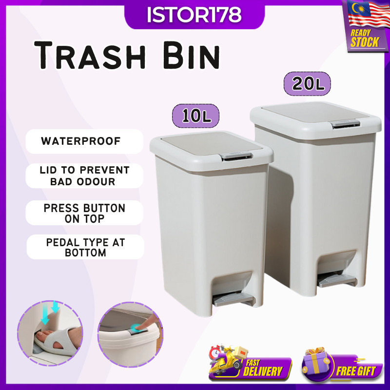 ISTOR😺10/20L DUSTBIN WITH LID PEDAL TRASH CAN GARBAGE WASTE BIN TONG ...