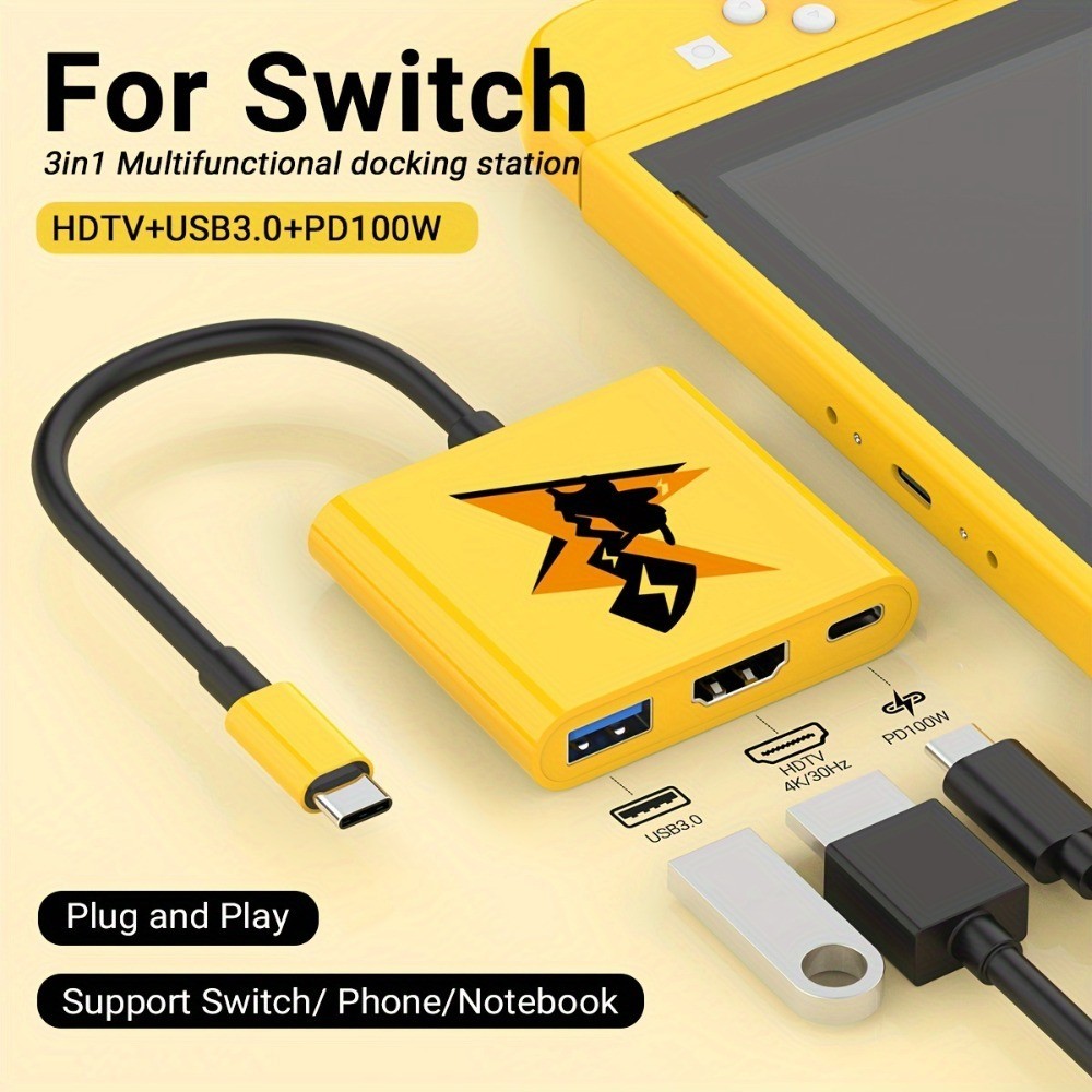 For Nintendo Switch Pokemon Pikachu TV Dock Station, 3 in 1 Portable ...