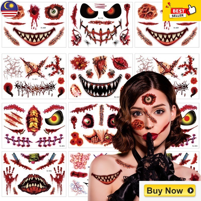 ZDD Halloween Funny Expression Tattoo Stickers Party Horror Bloody Scar ...