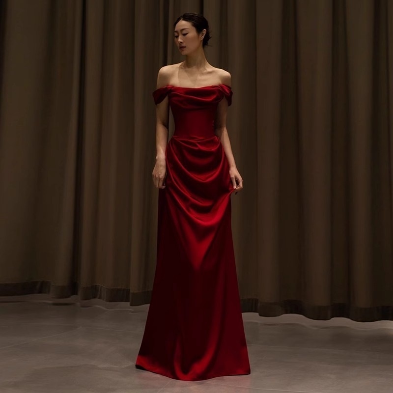 Off-shoulder Wine Red Satin Bridal Toast Dress Light Luxury Engagement ...