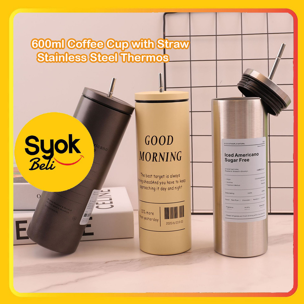 [SYOK]600ml Coffee Cup with Straw Stainless Steel Thermos Water Bottle ...
