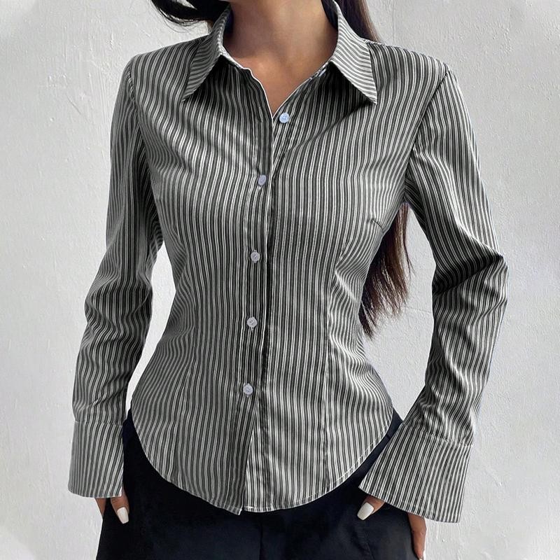 G&M#Kemeja angsing,untuk Wanita,Fesyen,Lengan Berkobar,Baju Berjalur ...