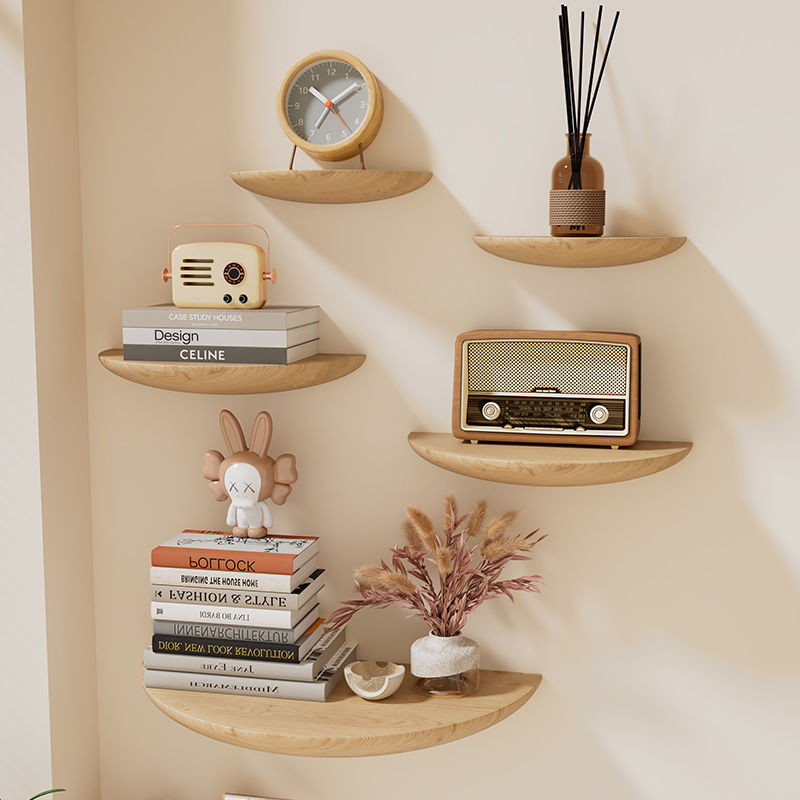 Fan solid wood non-punching shelf shelf wall decorative baffle ...