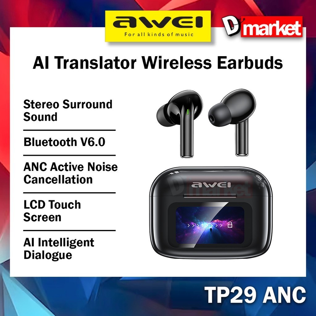 Awei TP29 ANC Wireless Earbuds LCD Touch Screen AI Translator Headphone ...