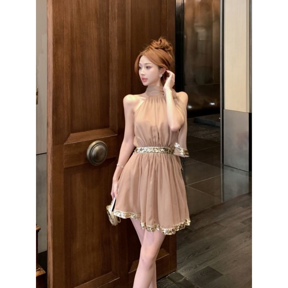 Classy Sequin Laced-Up Halter Dress Women's Summer High-End Slimmer ...