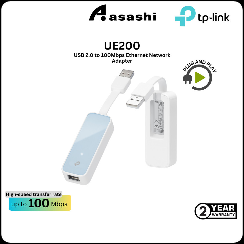 TP-Link UE200 USB 2.0 to 100Mbps Ethernet Network Adapter, 1 USB 2.0 connector, 1 10/100Mbps ...