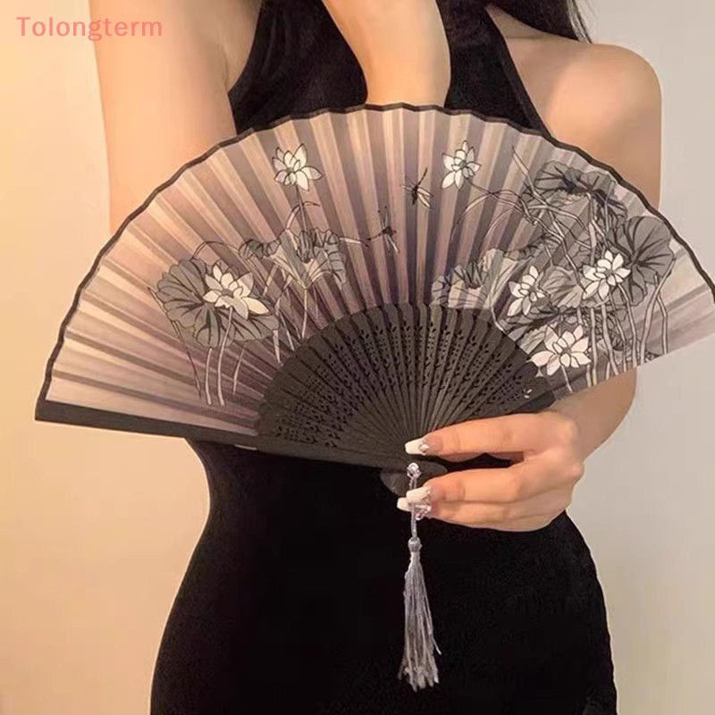 Tolongterm> Retro Ink Orchid Silk Folding Fan New Chinese Style Ancient ...