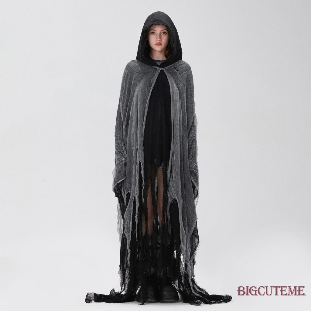 []-Halloween Witch Cloak with Hood Exaggerated Ripped Grim Reaper Cape ...