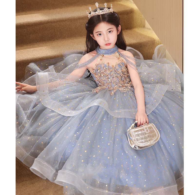 Children's Dress Girl Host Birthday Blue Princess Dress Niche High-end ...