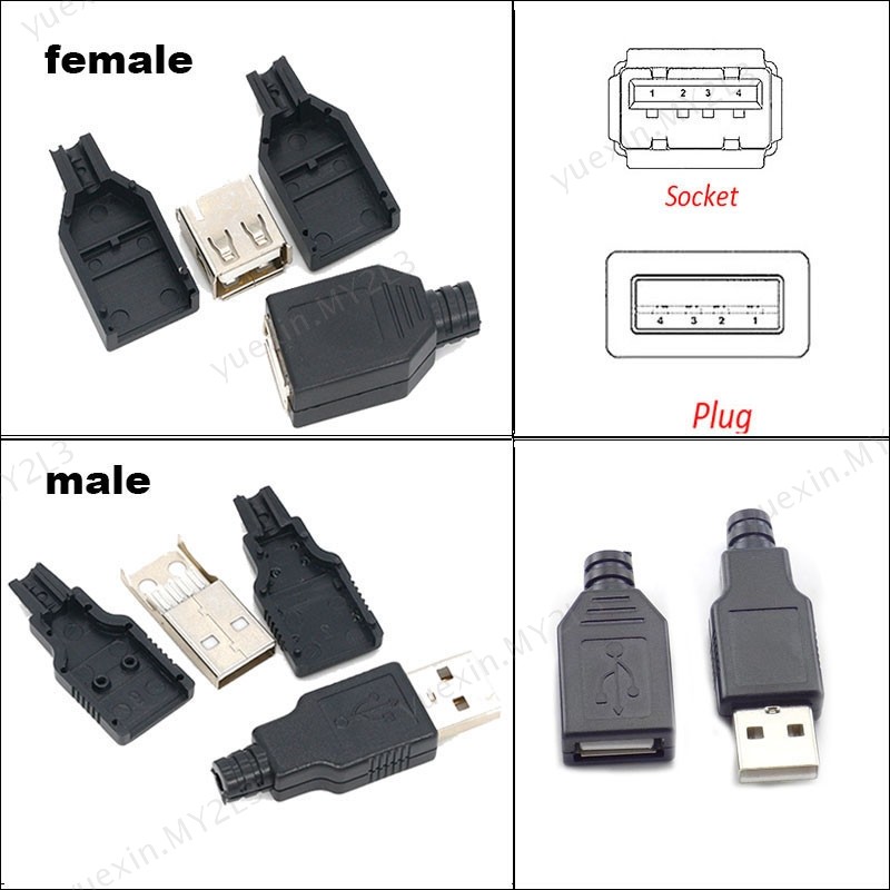 Type-A DIY Kits Male Female USB 4 Pin Plug Socket Connector With Black ...