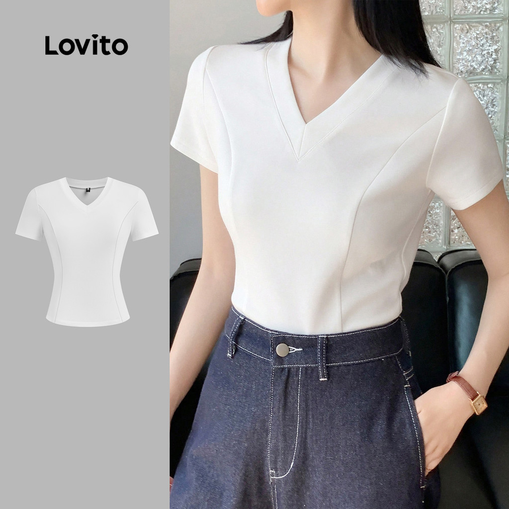 Lovito Casual T-shirt Structure Line Spring/summer White T-shirt for Women L142ED102 Lovito Baju ...