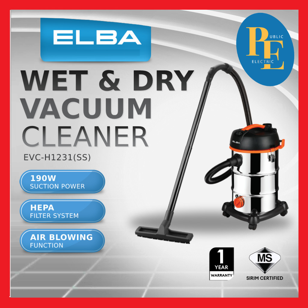 ELBA Wet & Dry Vacuum Cleaner EVC-H1231(SS) - HEPA Filter, Air Blowing Function, Suction Power ...