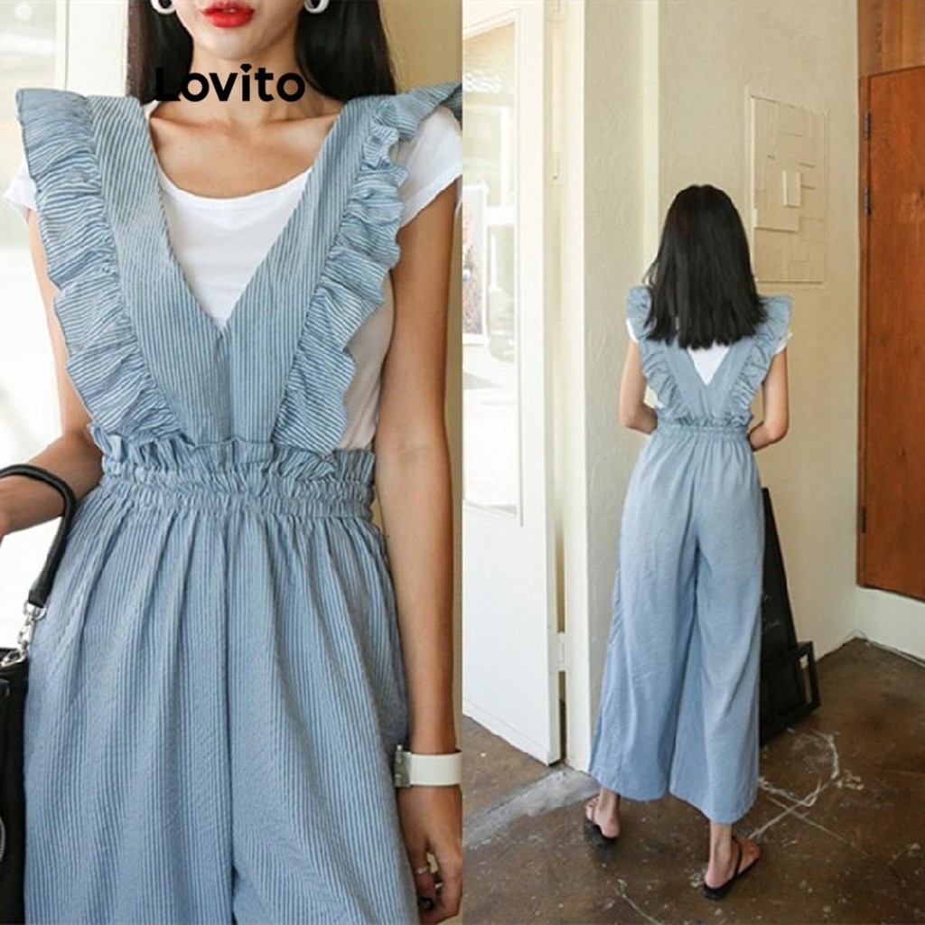 Lovito Elegant Plain Lettuce Trim Ruffle Overall for Women LNE71465 ...