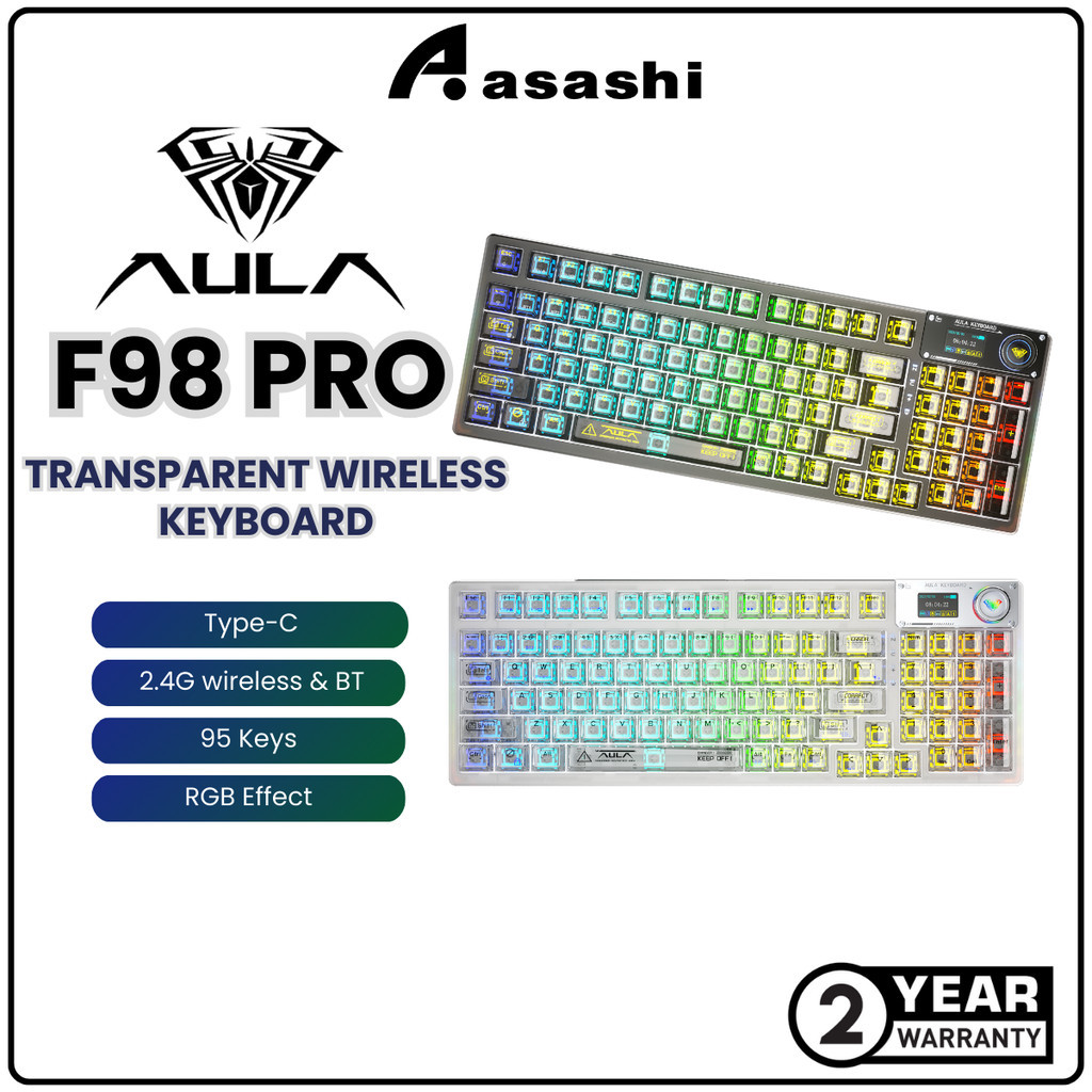AULA F98 PRO Black/White Transparent Wireless Keyboard Digital Display - 2.4Ghz/BT/USB-C ...
