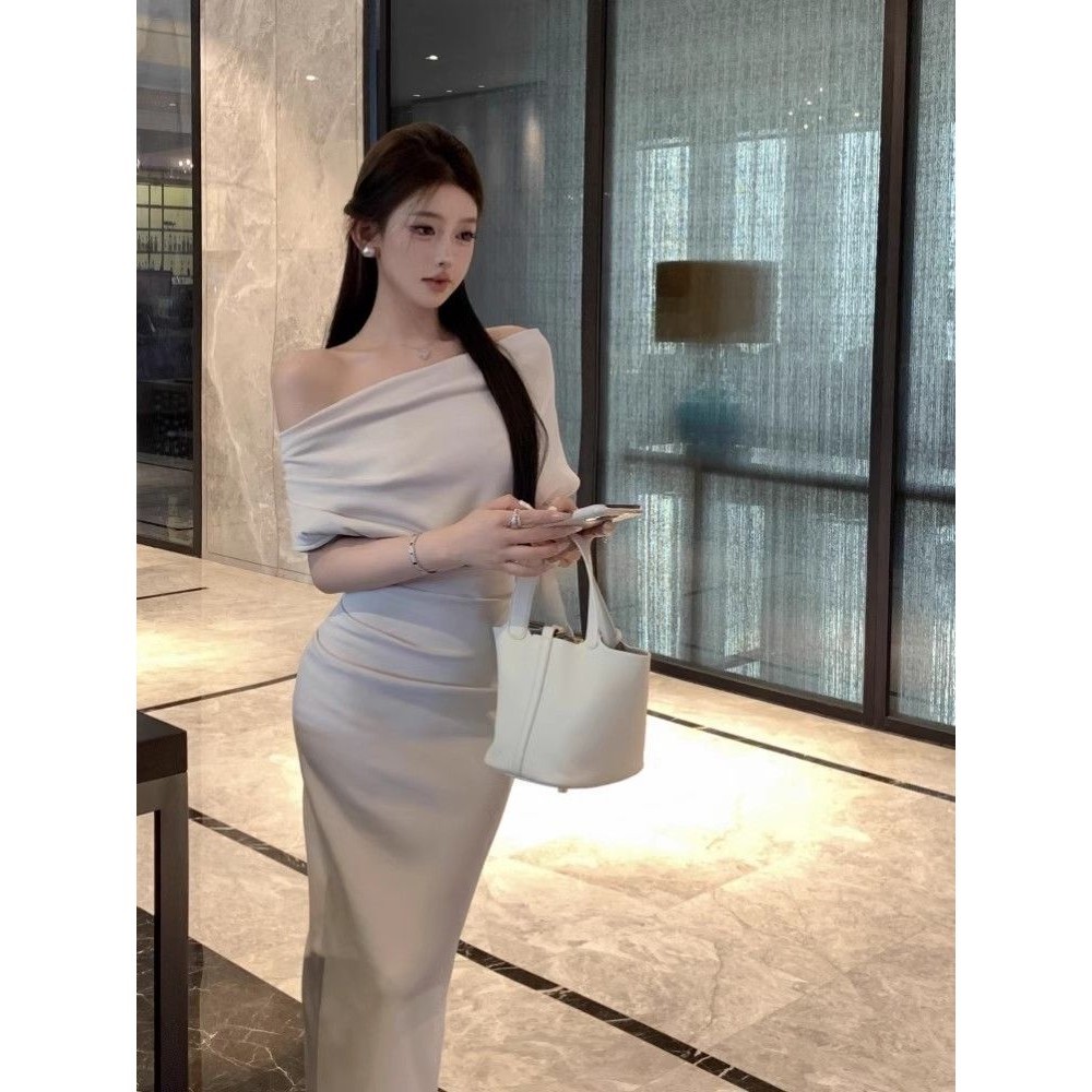 High-end temperament swing collar slanted shoulder dress women's summer ...