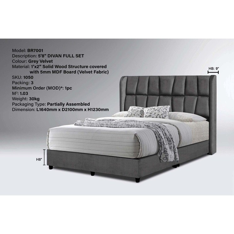 Global Furniture Divan Bed Grey Velvet Solid Wood Structure Covered ...