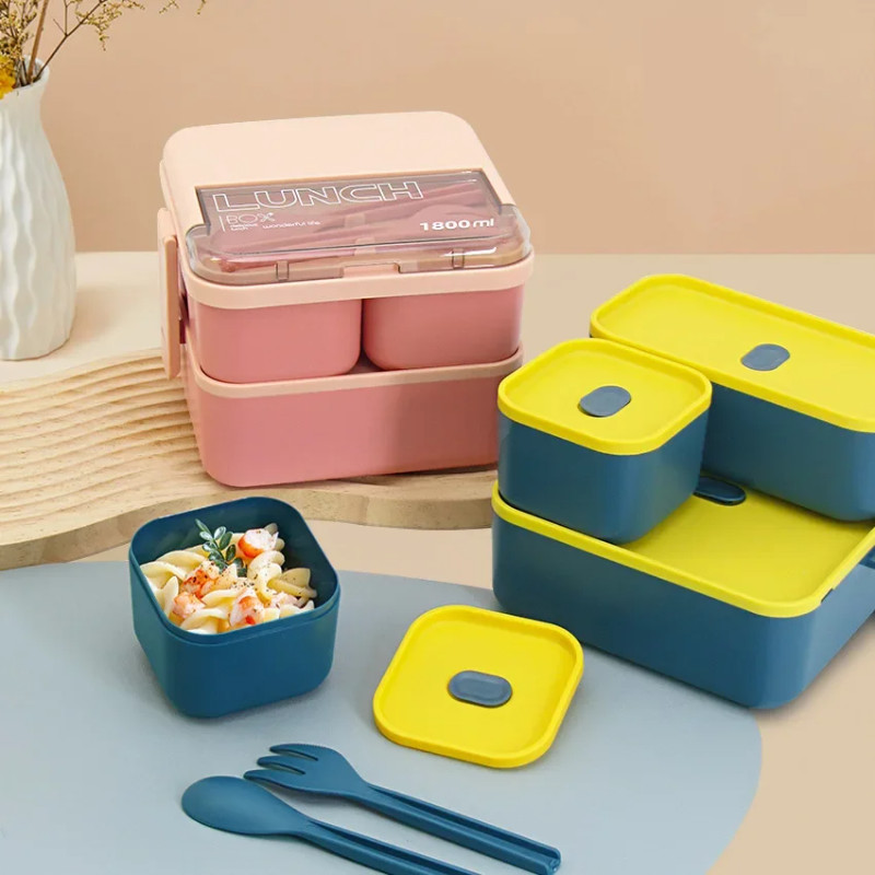 Portable Compartment Lunch Box with Fork and Spoon Single/double Layer ...