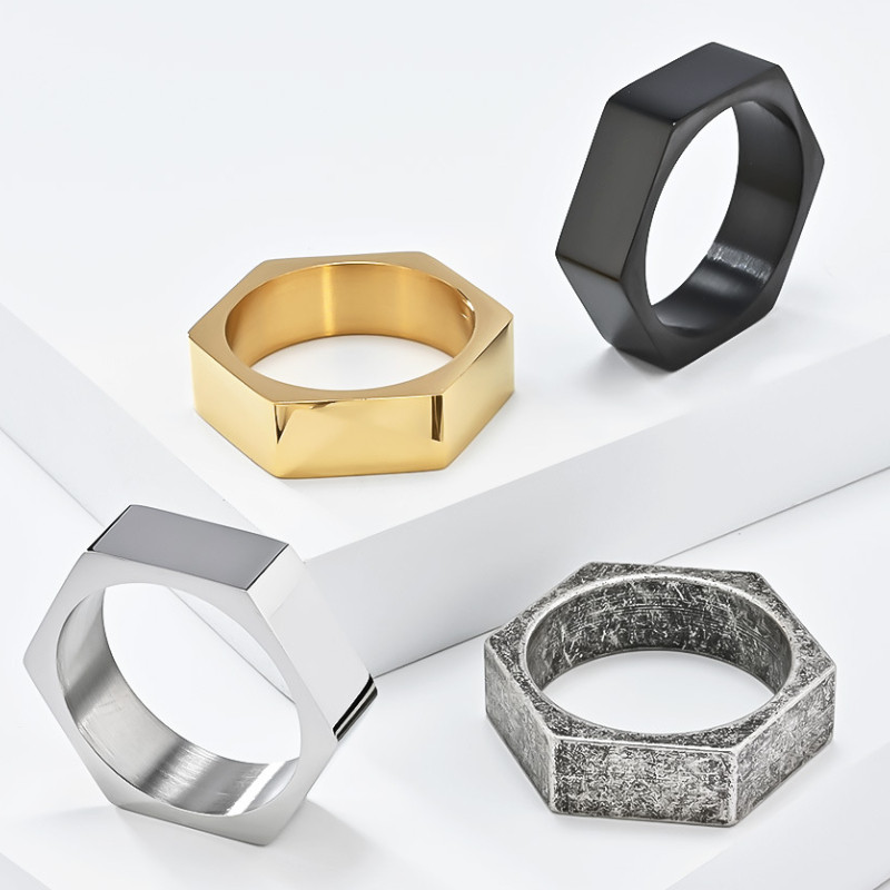 Fashion Hexagon Titanium Steel Ring for Mens Simple Glossy Stainless ...