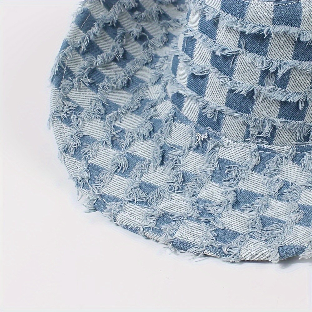 Raw Hem Denim Cowboy Hat Trendy Checkered Washed Distressed Blue Sun ...