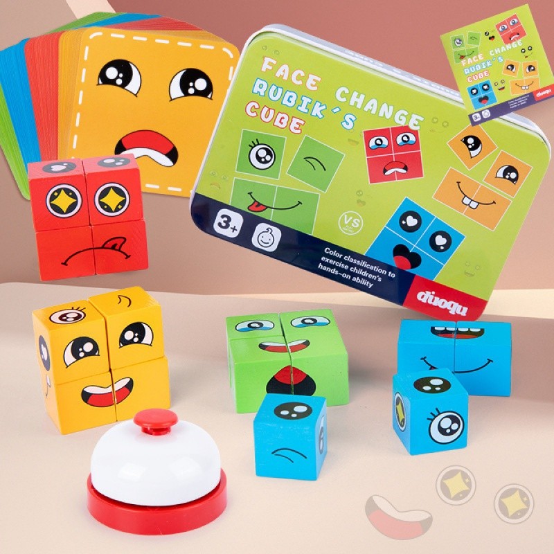 Face Changing Building Blocks Game with 72 Cards, Wooden Expression of ...