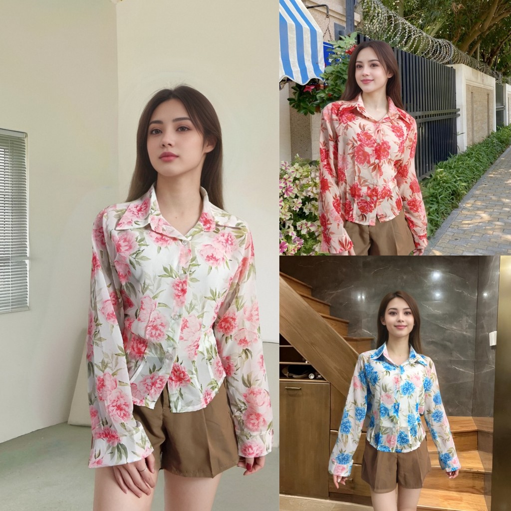 Women Shirt With Large Floral Pattern Korean Design Long Sleeve Vintage ...