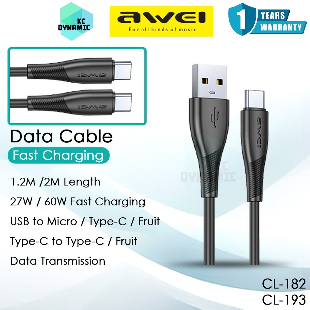 Awei CL-182 Data Cable 60W Fast Charging Cable Awei CL-193 USB Type-C ...
