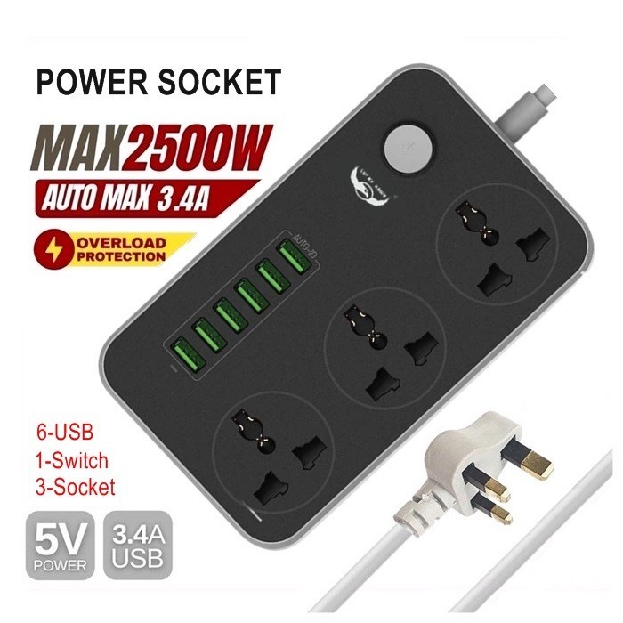 Universal Power Plug 6 USB Port Auto Max 3.4A With 3 Anti-Static Power Socket/Elektrik Soket/插座 ...
