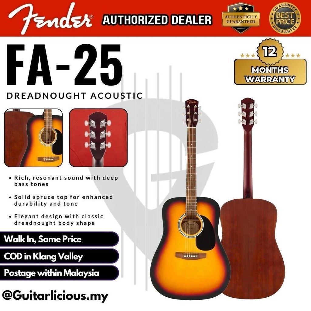 Fender FA-25 Dreadnought Acoustic Guitar , Walnut FB, 3-Color Sunburst ...