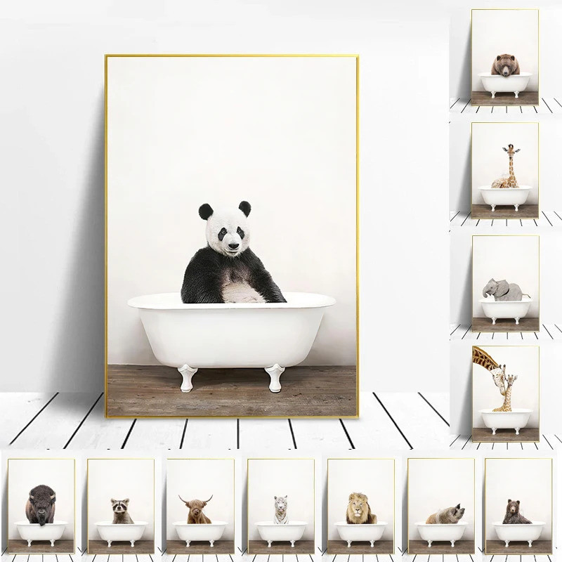 Gajah singa Zebra tab mandi semaian lukisan kanvas bayi poster haiwan ...
