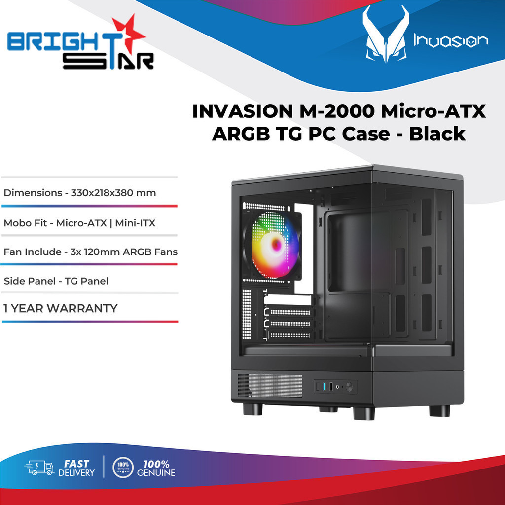 INVASION M-2000 Micro-ATX TG PC Case with 3x ARGB 120mm Fan - Black ...